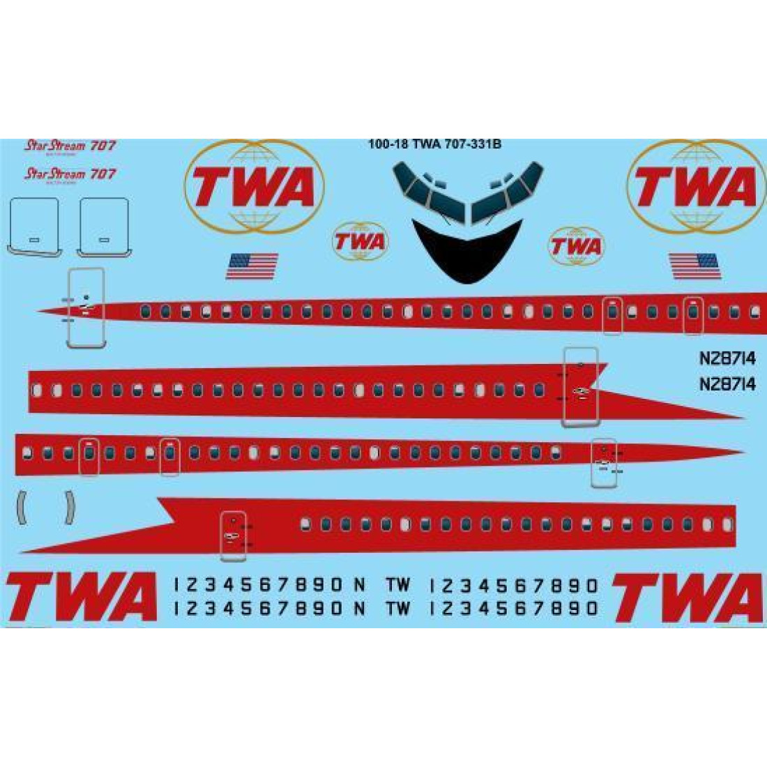 26Decals 100-18 1/100 TWA Boeing 707-331B laser decal Model Kit Decals ...