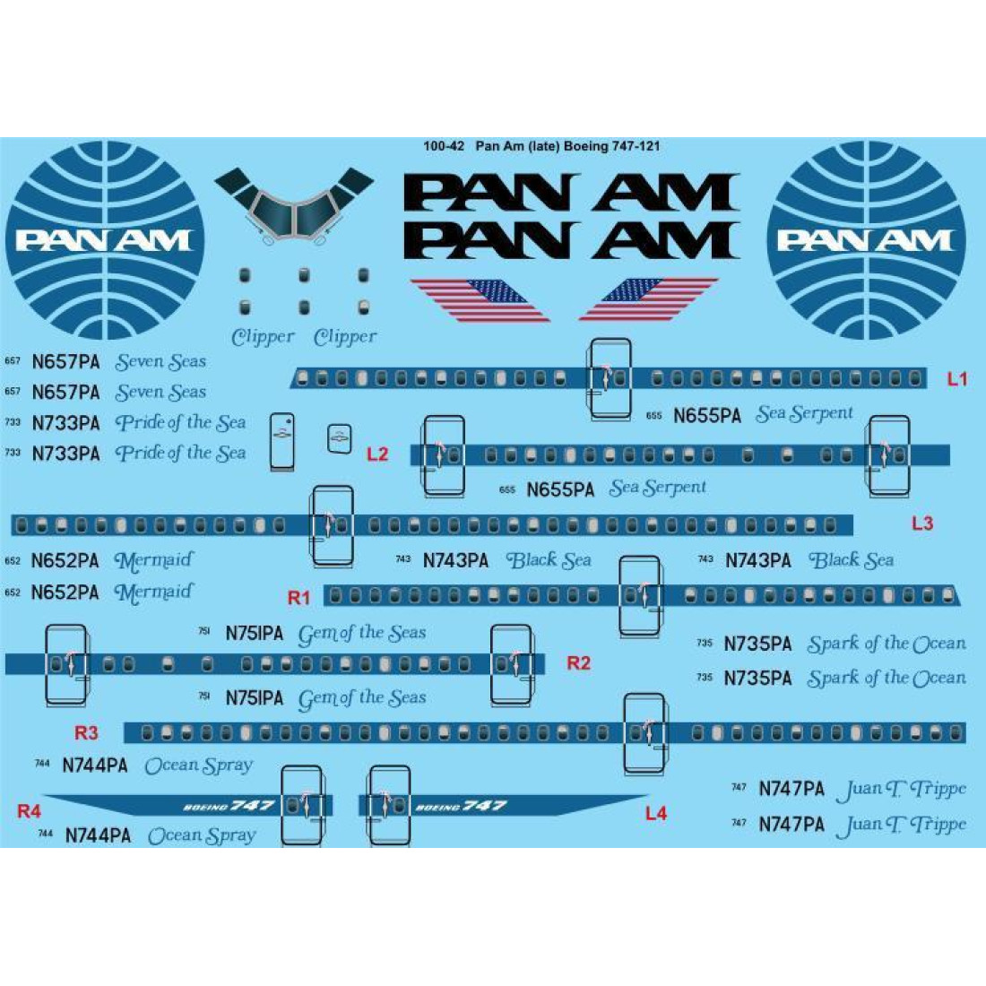 26Decals 100-42 1/100 Pan Am Late Boeing 747-121 laser decal Model Kit ...