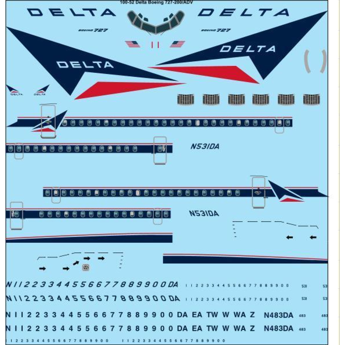 26Decals 100-52 1/100 Delta Boeing 727-232 laser decal Model Kit Decals ...