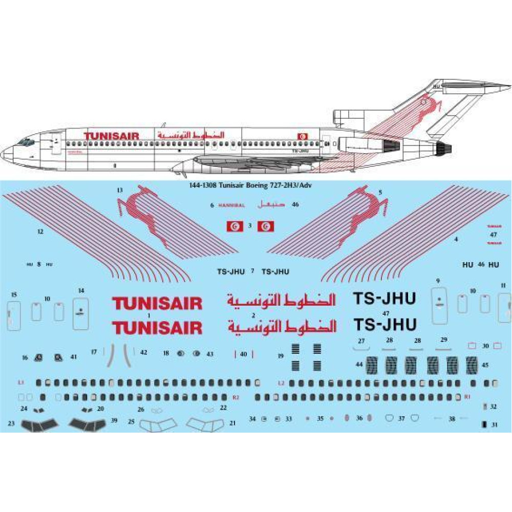 26Decals 144-1308 1/144 Tunisair Boeing 727-2H3/Adv laser decal for CRM ...
