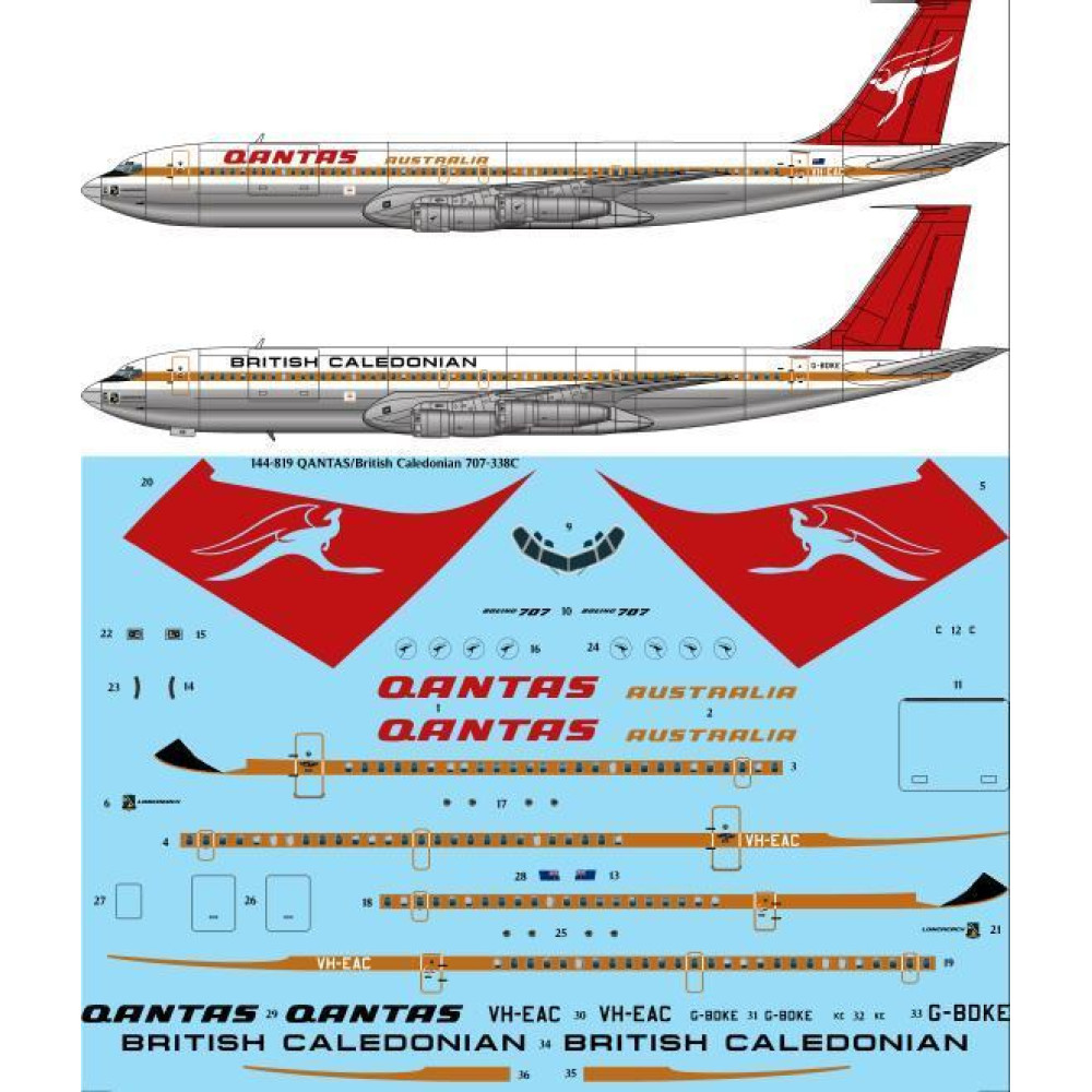26Decals 144-819 1/144 QANTAS Australia / British Caledonian Boeing 707 ...