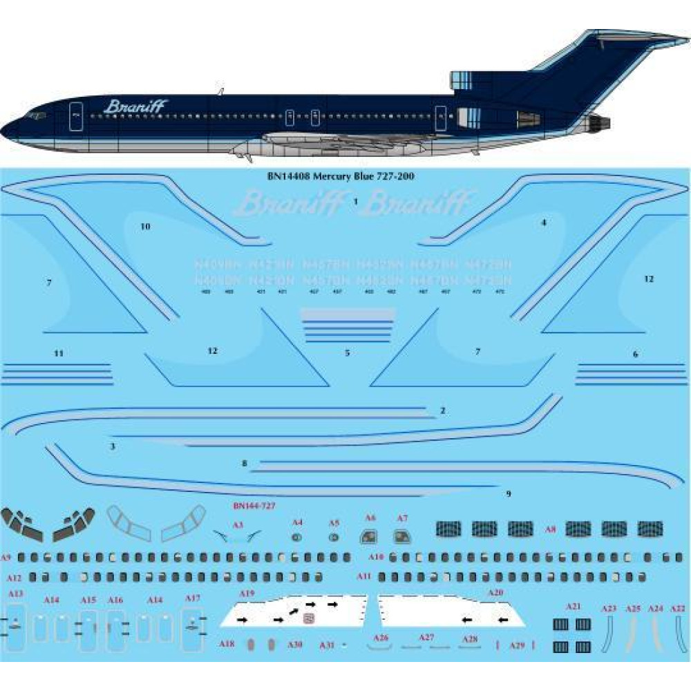 26Decals BN14408 1/144 Braniff Ultra Mercury Blue Boeing 727-200 Screen ...