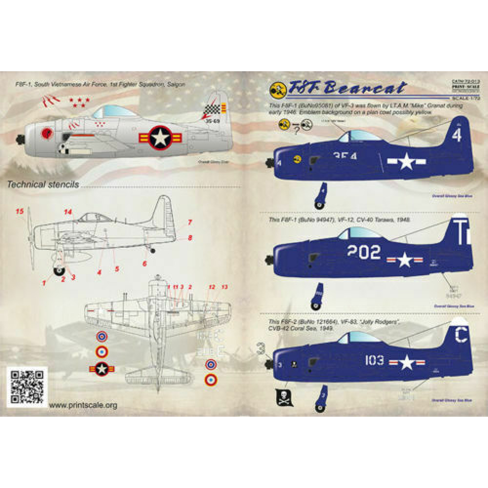 Print Scale 72-013 - 1/72 Decal For F 8 F Bearcat Aircraft Model Kit ...
