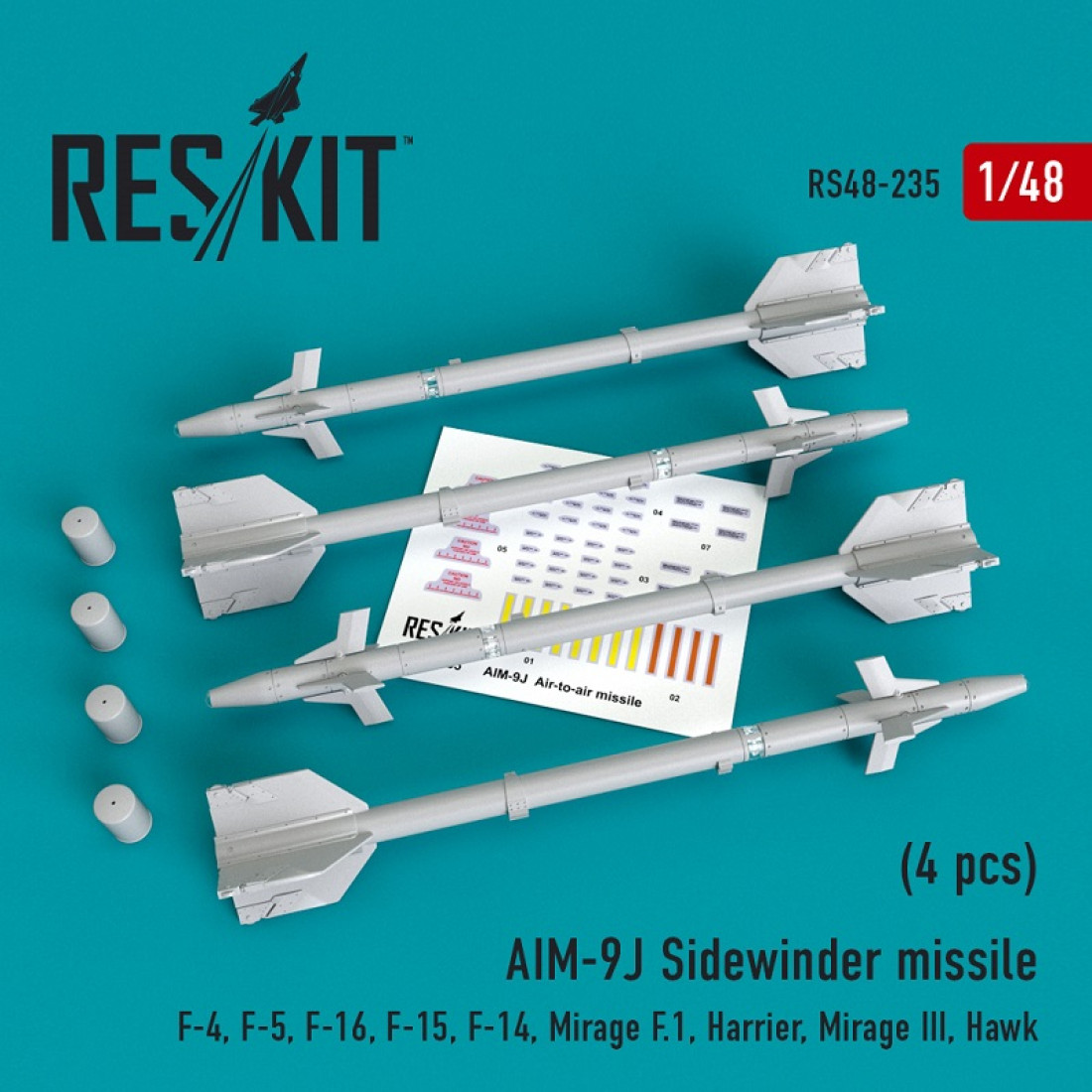 Reskit RS48-0235 - 1/48 AIM-9J Sidewinder missile (4 pcs) scale resin ...