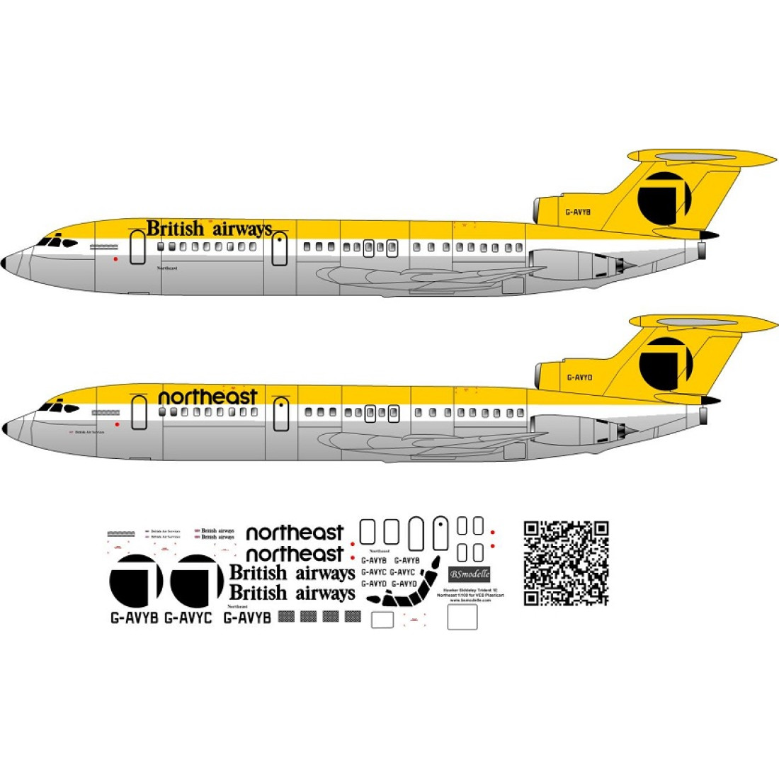 BSmodelle 100340 - 1/100 HS121 Trident Northeast(British Airways) decal ...