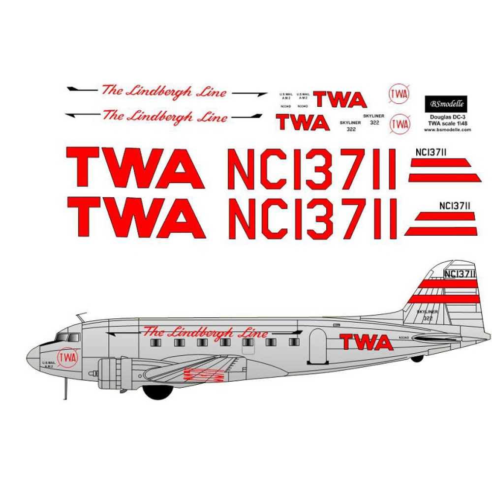 BSmodelle 480434_1 - 1/48 Douglas DC-3 TWA Lindbergh Line decal for ...