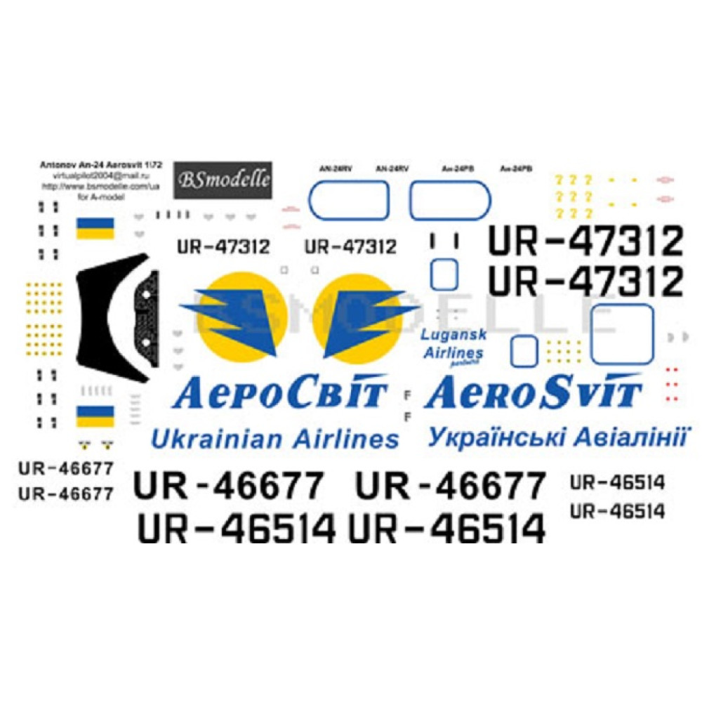 BSmodelle 72049 - 1/72 Antonov An-24 Aerosvit decal for aircraft model ...