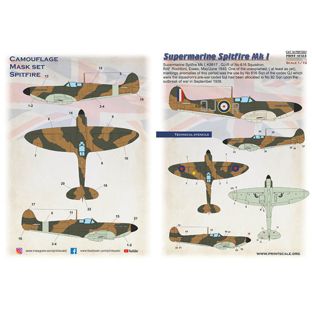 Print Scale PSM72001 Mask for Supermarin Spitfire Mk.1 Military aircraft