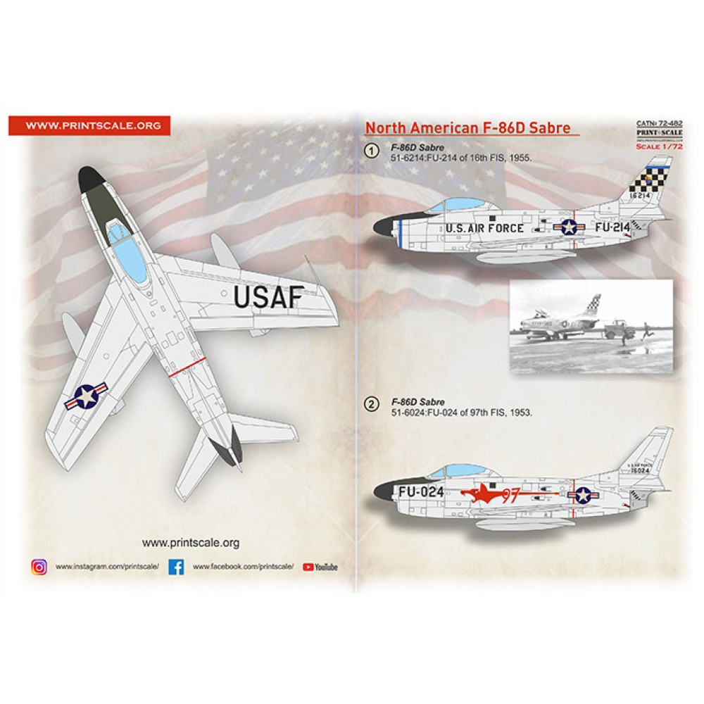 Print Scale 72-482 1/72 North American F-86D Sabre. Decal for aircraft