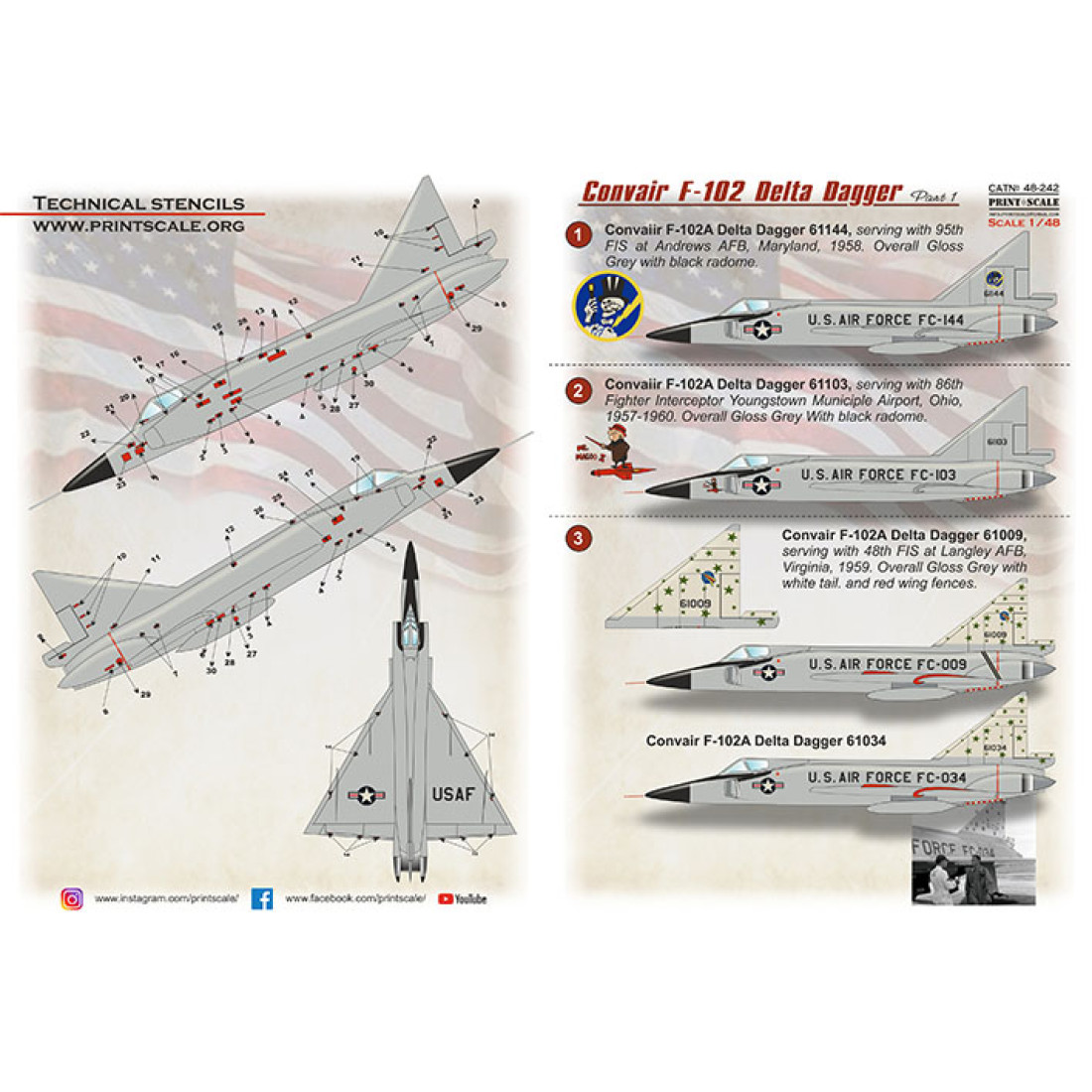 Print Scale 48-242 1/48 Decal for Convair F102 Delta Dagger Part 1
