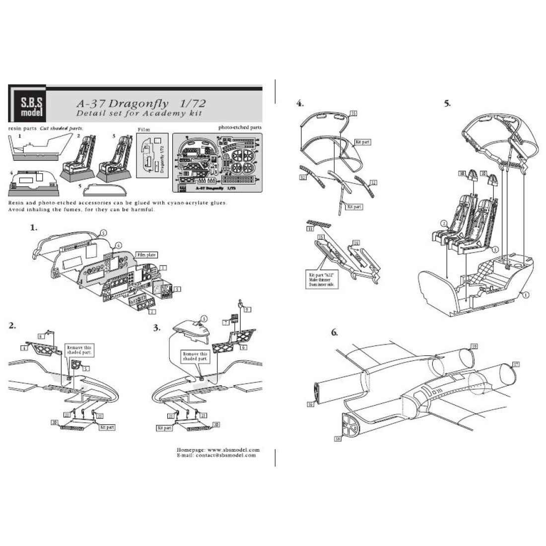 SBS 72006 1/72 A-37 Dragonfly cockpit set for Academy kit Resin model kit