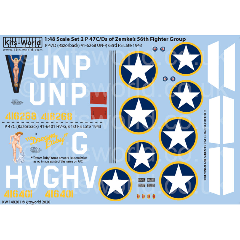 Kits World KW148201 1/48 Decal for Razorback P 47s of the 56th Fighter ...