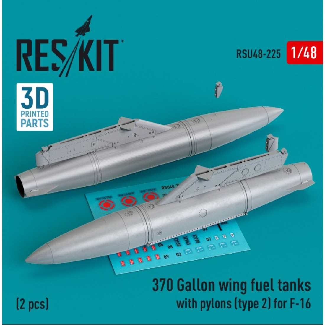 Reskit RSU48-0225 1/48 370 Gallon wing fuel tanks with pylons type 2 for F16 2 pcs 3D Printed