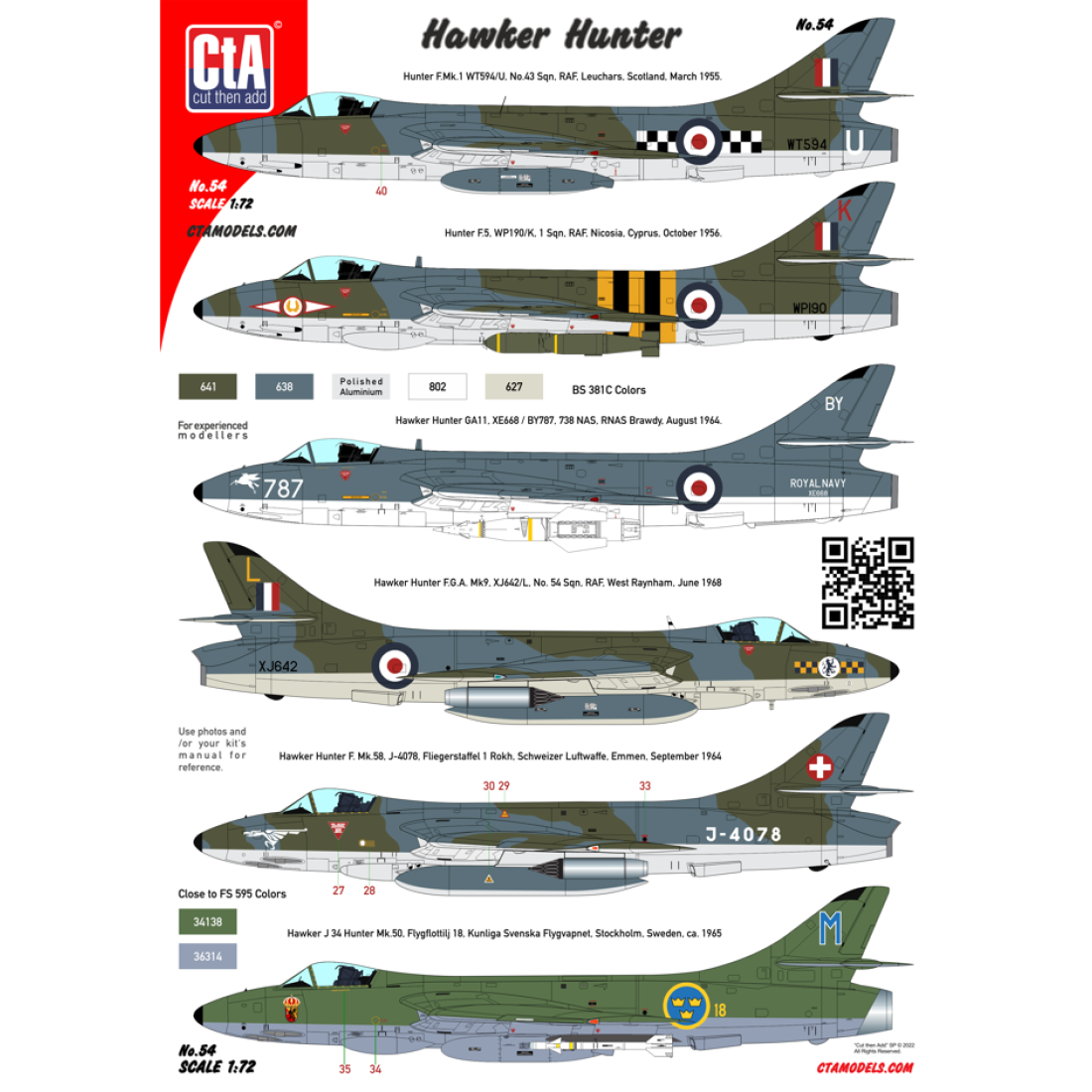 CtA Models 054 1/72 Decal Hawker Hunter RAF, FAA, Swiss, Sweden, 6 Markings