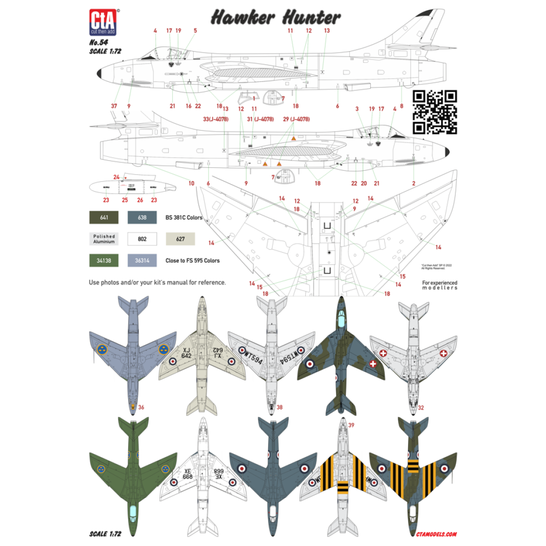CtA Models 054 1/72 Decal Hawker Hunter RAF, FAA, Swiss, Sweden, 6 Markings