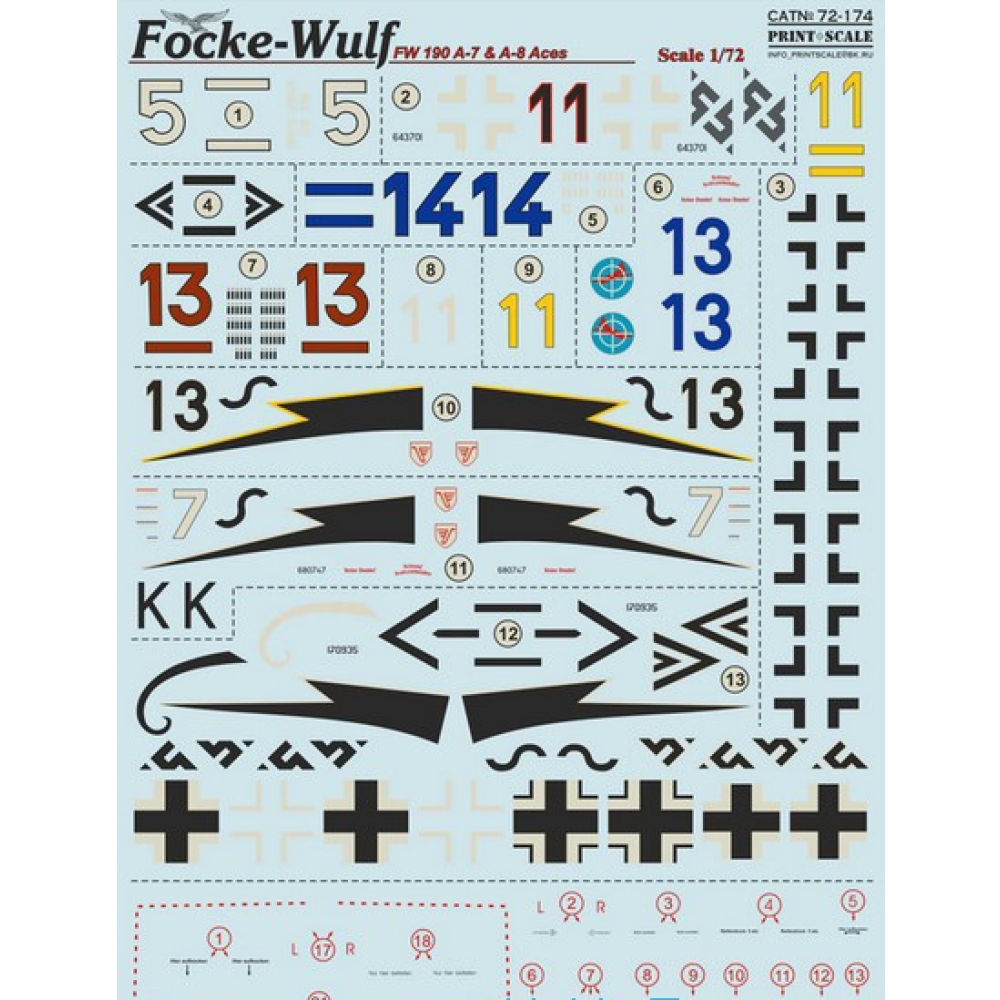 DECAL FOR FOCKE-WULF FW-190 A7/A8 ACES 1/72 PRINT SCALE 72-174 Model ...