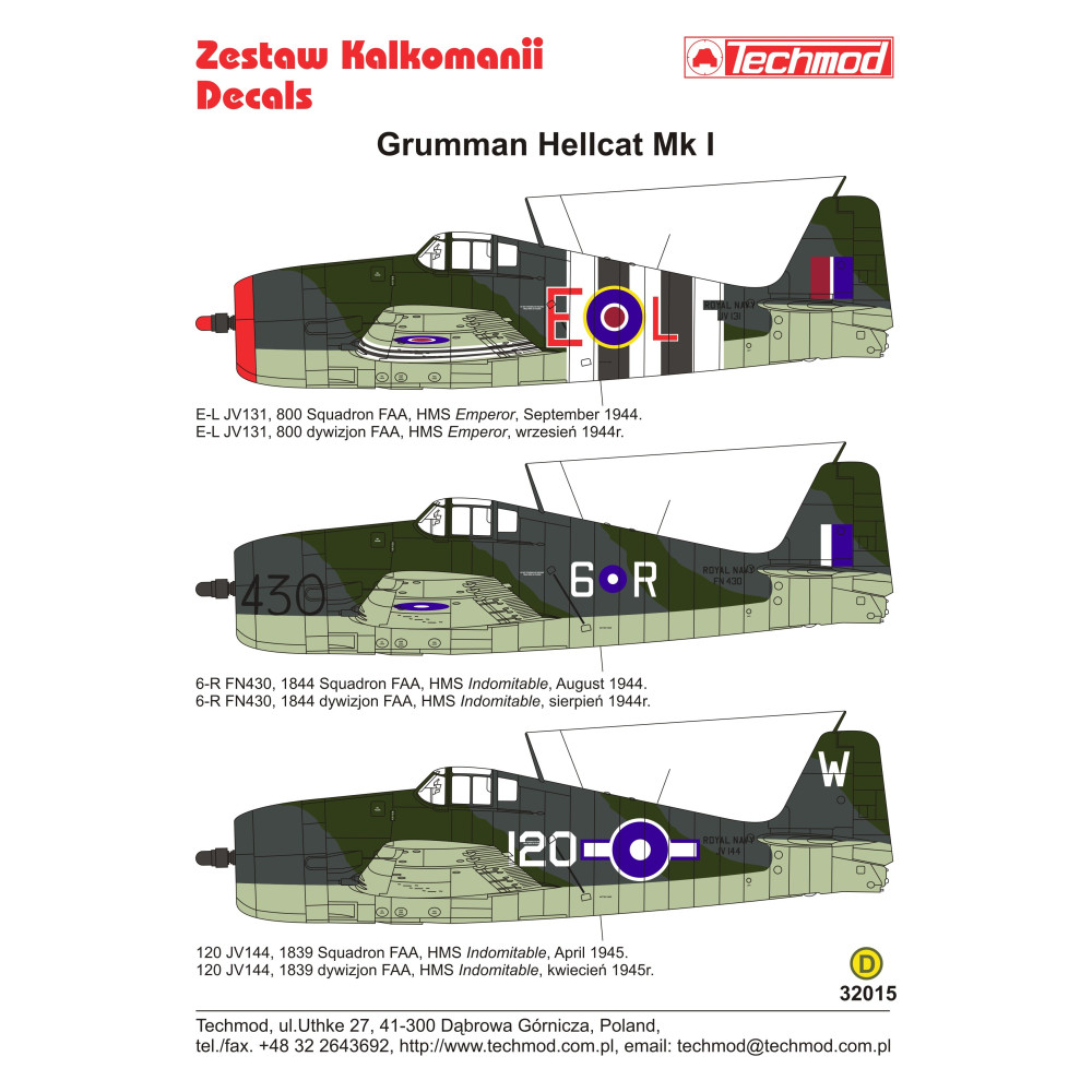 Techmod 32015 1/32 Grumman Hellcat I USAF aircraft wet decal WWII