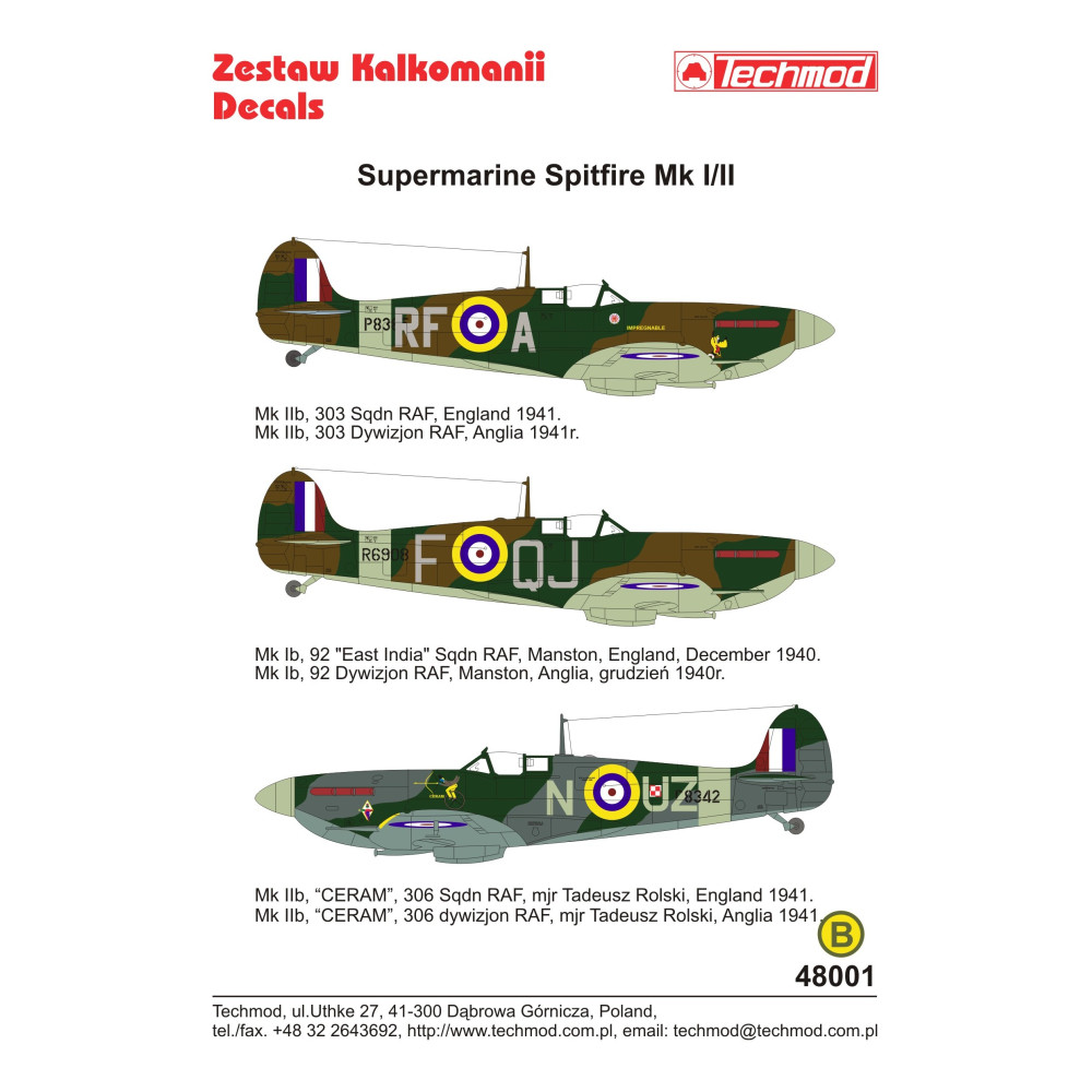 Techmod 48001 1/48 Supermarine Spitfire Mk I/Iib 1940-1941 Wet Decal ...