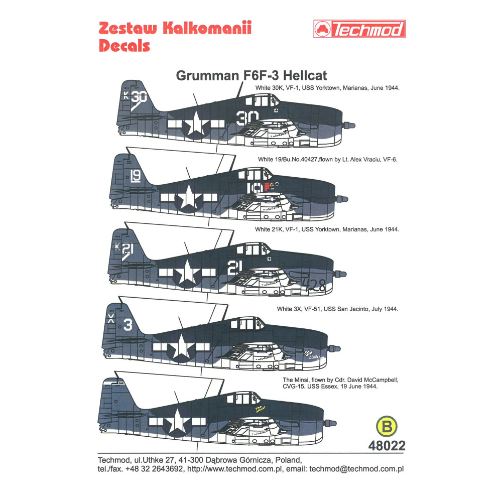 Techmod 48022 1/48 Grumman F6f-3 Hellcat 1944 Fighter Aircraft Wet ...