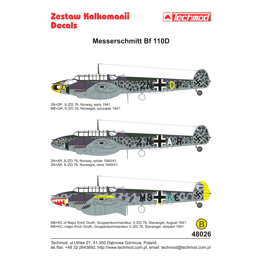 Techmod 48026 1/48 Messerschmitt Bf 110D Norway 1940 aircraft Wet Decal ...