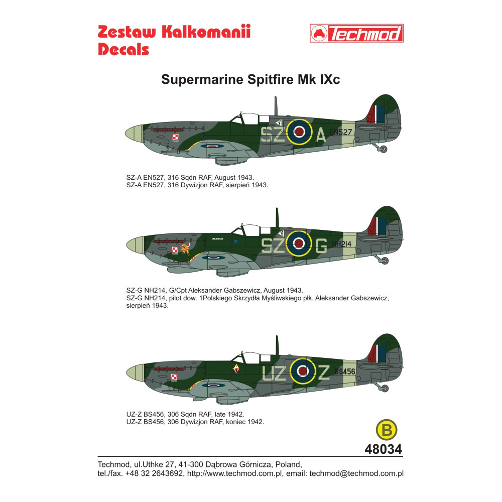 Techmod 48034 1/48 Supermarine Spitfire Mk.IX Polish aircraft wet decal ...