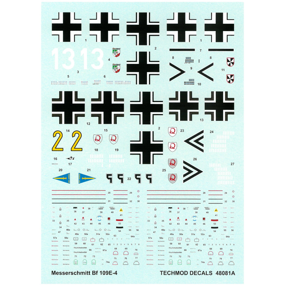 Techmod 48081 1/48 Messerschmitt Bf 109E-4 1940 Wet Decal WWII w/Mask for canopy