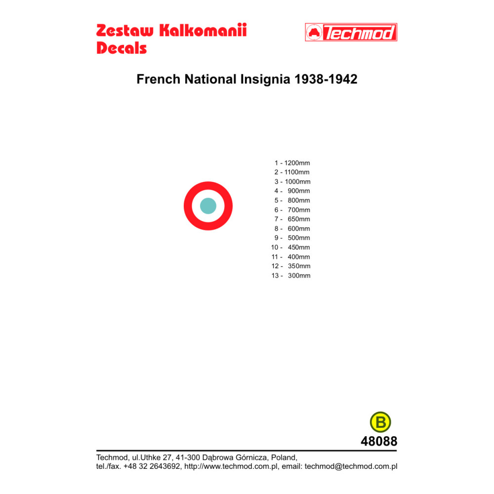 Techmod 48088 1/48 French National Insignia 1938-1942 Wet Decal WWII