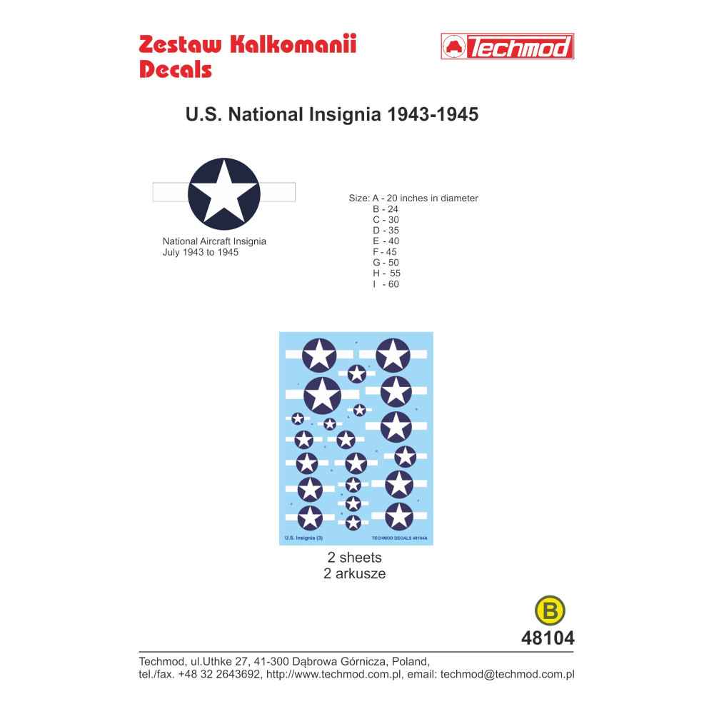 Techmod 48104 1/48 US National Insignia 1943-1945 aircraft Wet Decal WWII