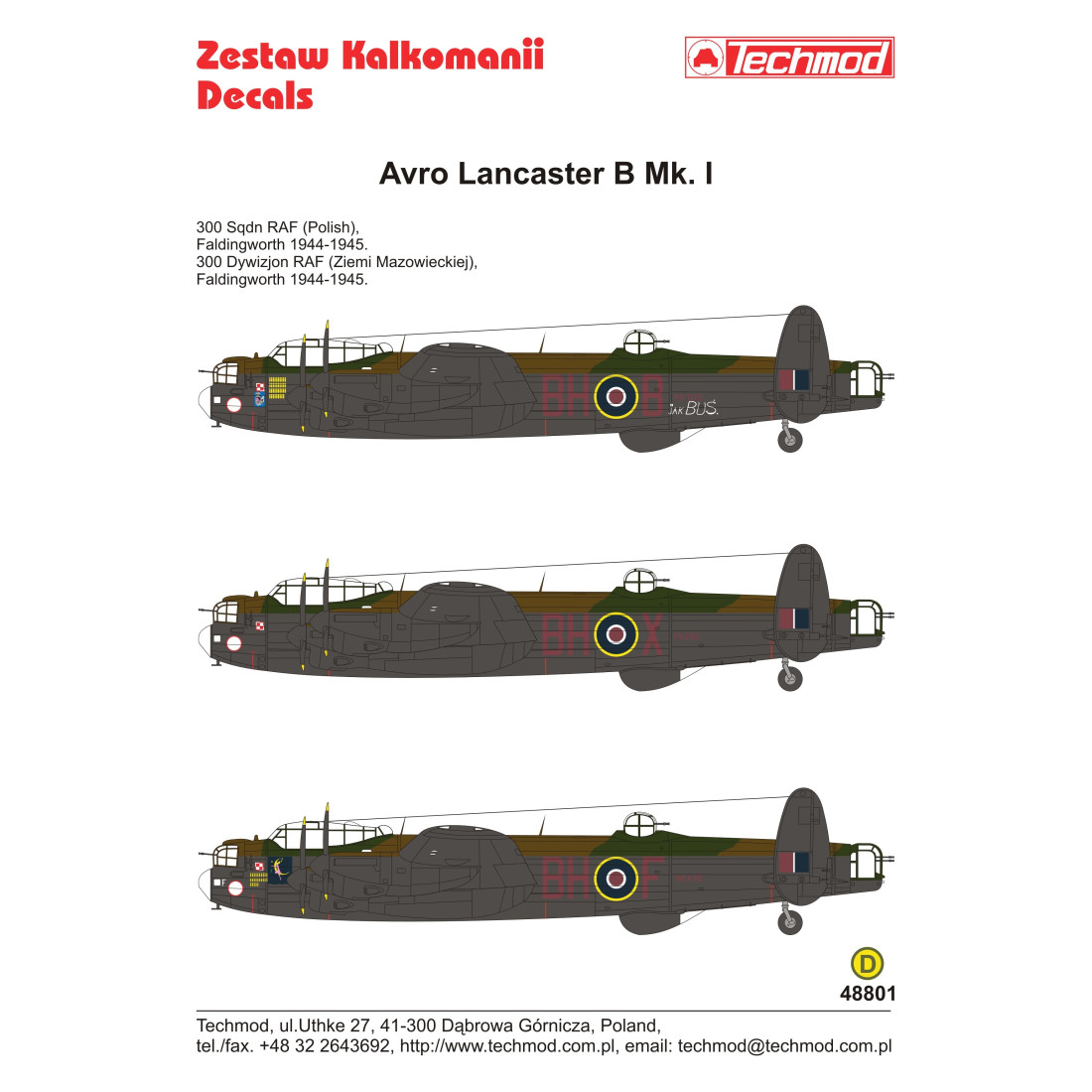 Techmod 48801 1/48 Avro Lancaster B.I 1944–1945 Polish aircraft wet decal