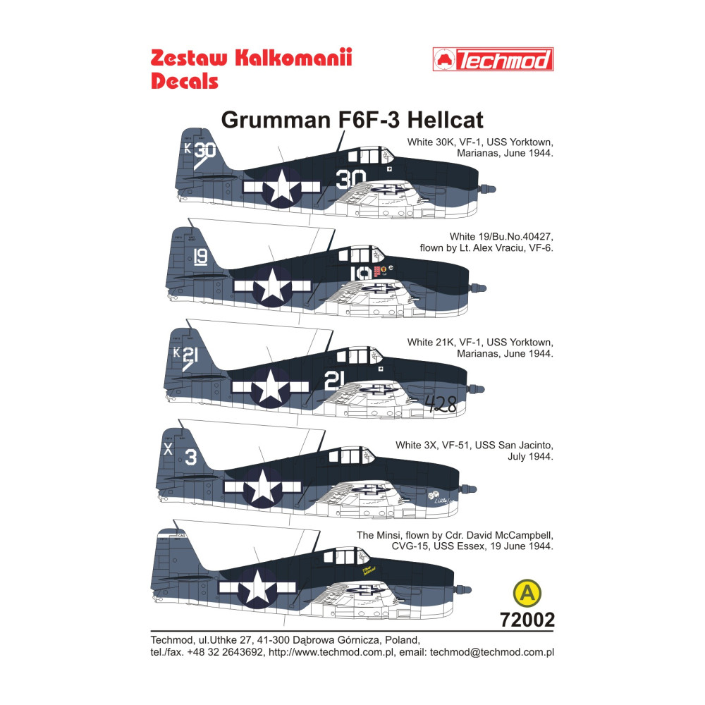 Techmod 72002 1/72 Grumman F6F-3 Hellcat US Fighter 1944 Wet Decal WWII
