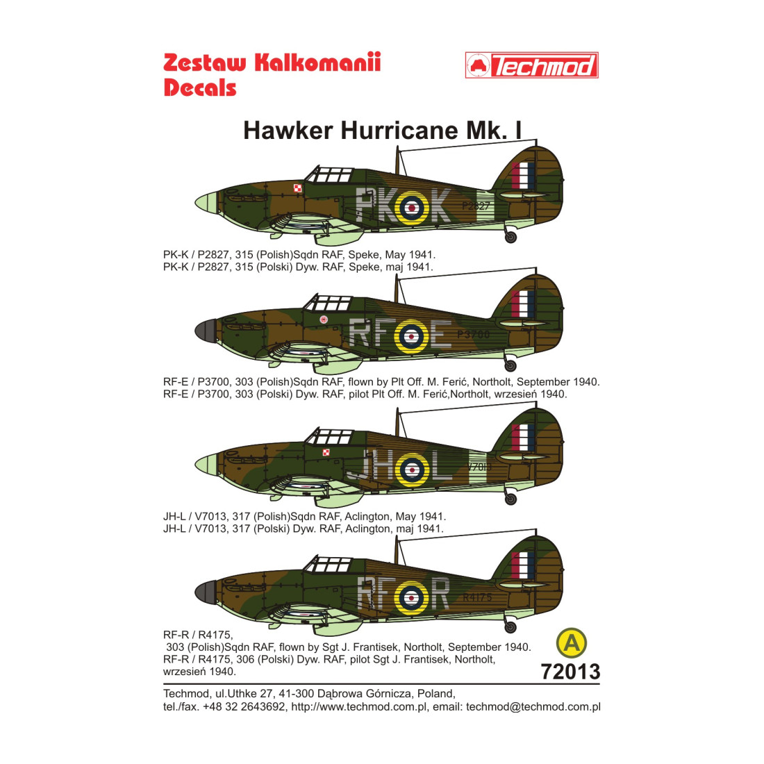 Techmod 72013 1/72 Hawker Hurricane Mk I Polish Fighter 1940-1941 Wet ...